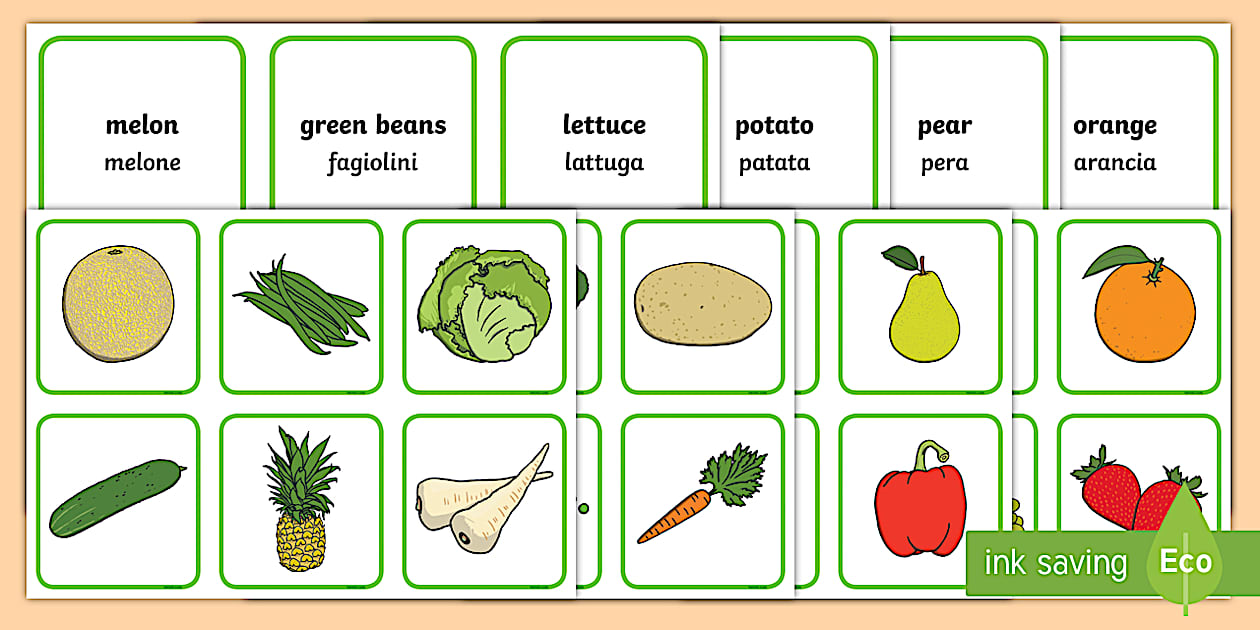 Fruit And Vegetables Matching Game Italian/English - Fruit And Vegetables