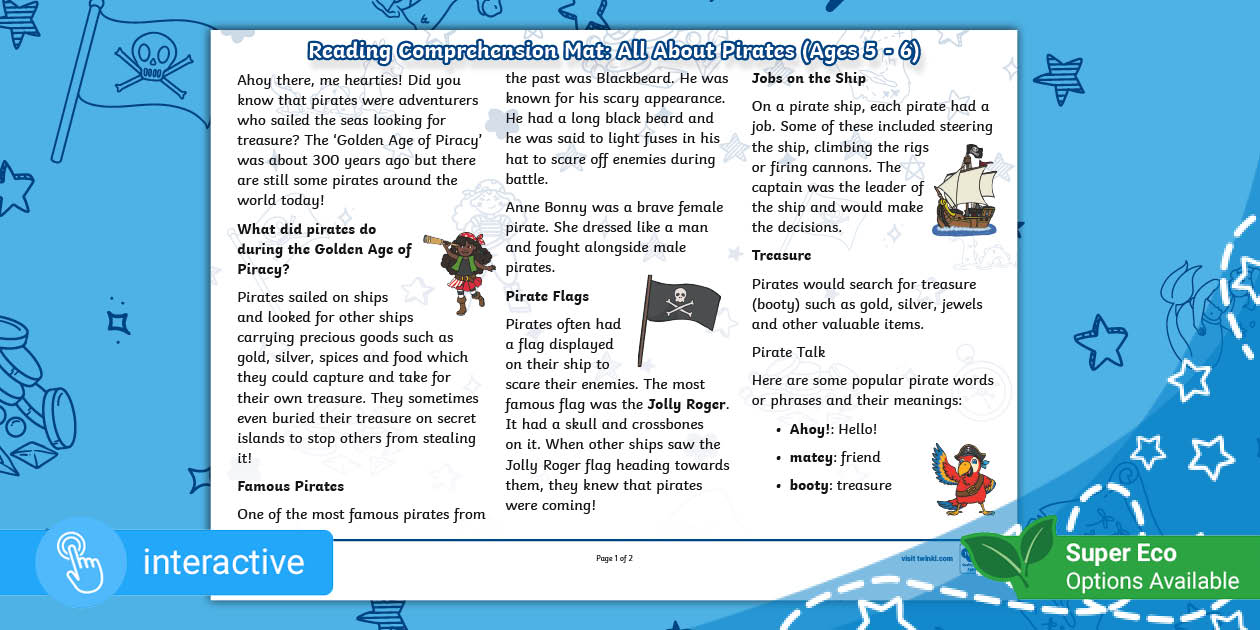Pirate Reading Comprehension Mat for Ages 5 - 6 - Twinkl