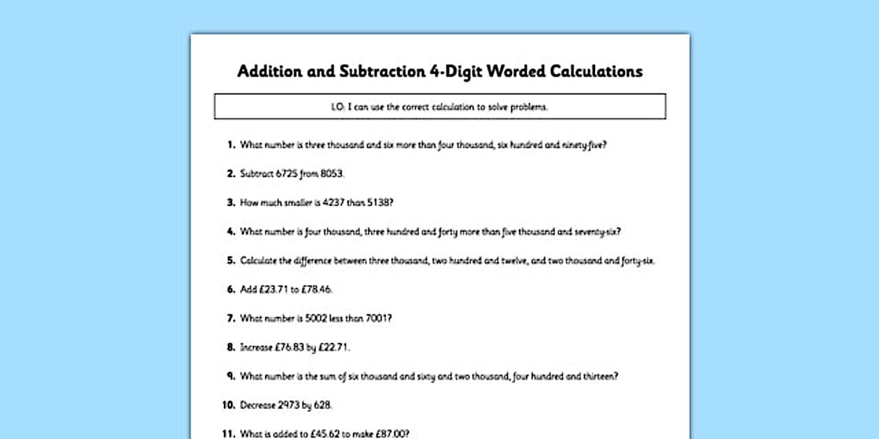 Editable Addition and Subtraction 4 Digit Worded Calculations