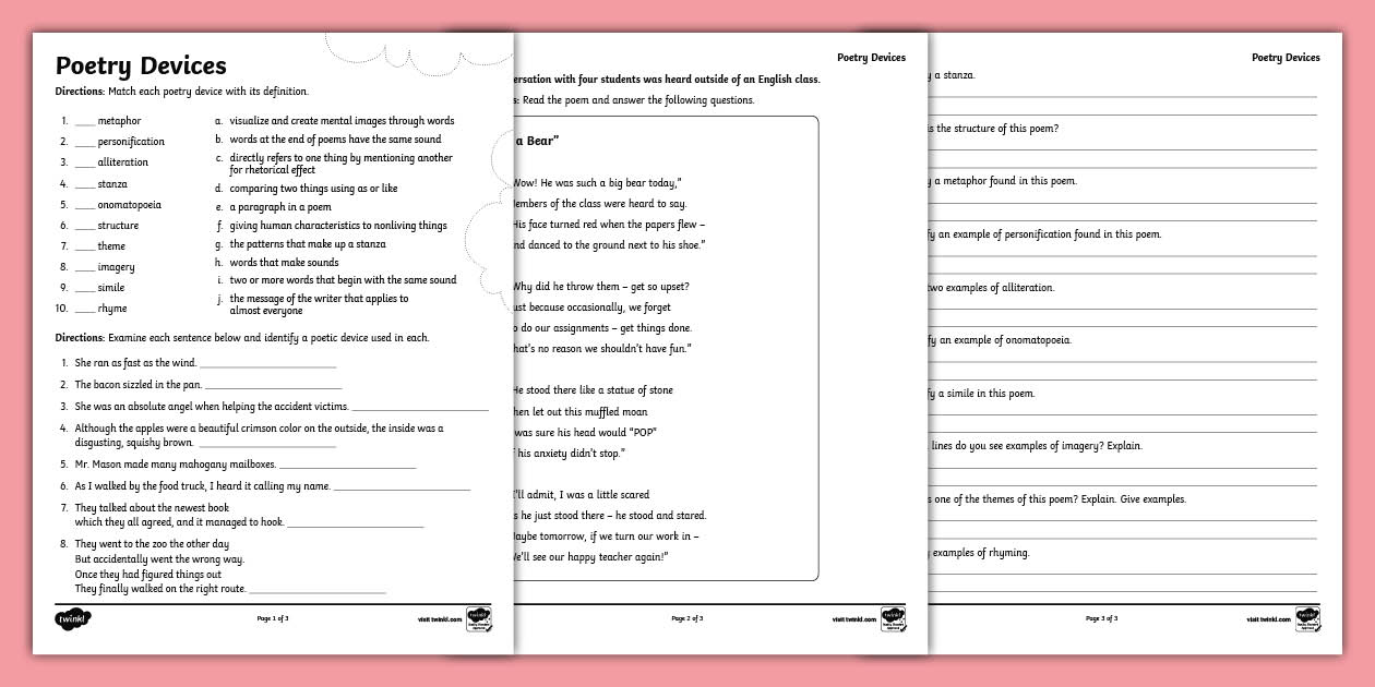 Eighth Grade Poetry Devices Assessment - Twinkl