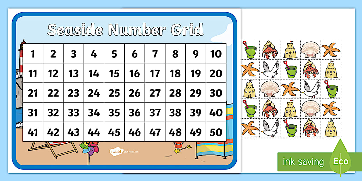 Editable Seaside-Themed 1-50 Number Grid (teacher made)