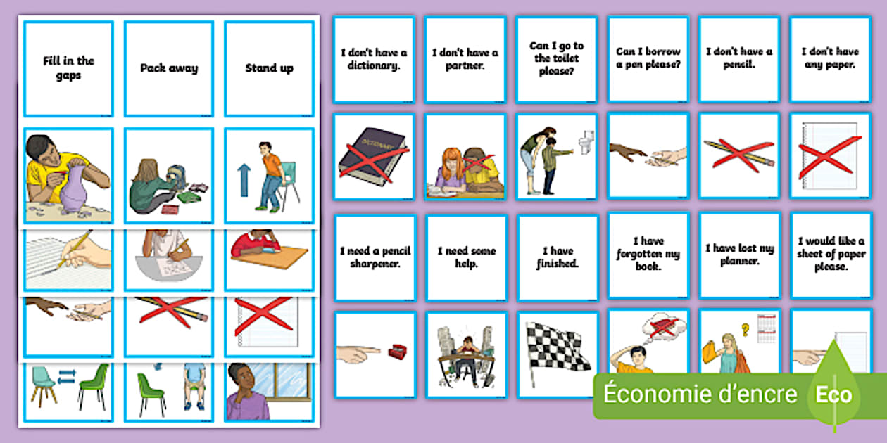 Cartes pour jeu de paires : Le langage de la classe en anglais