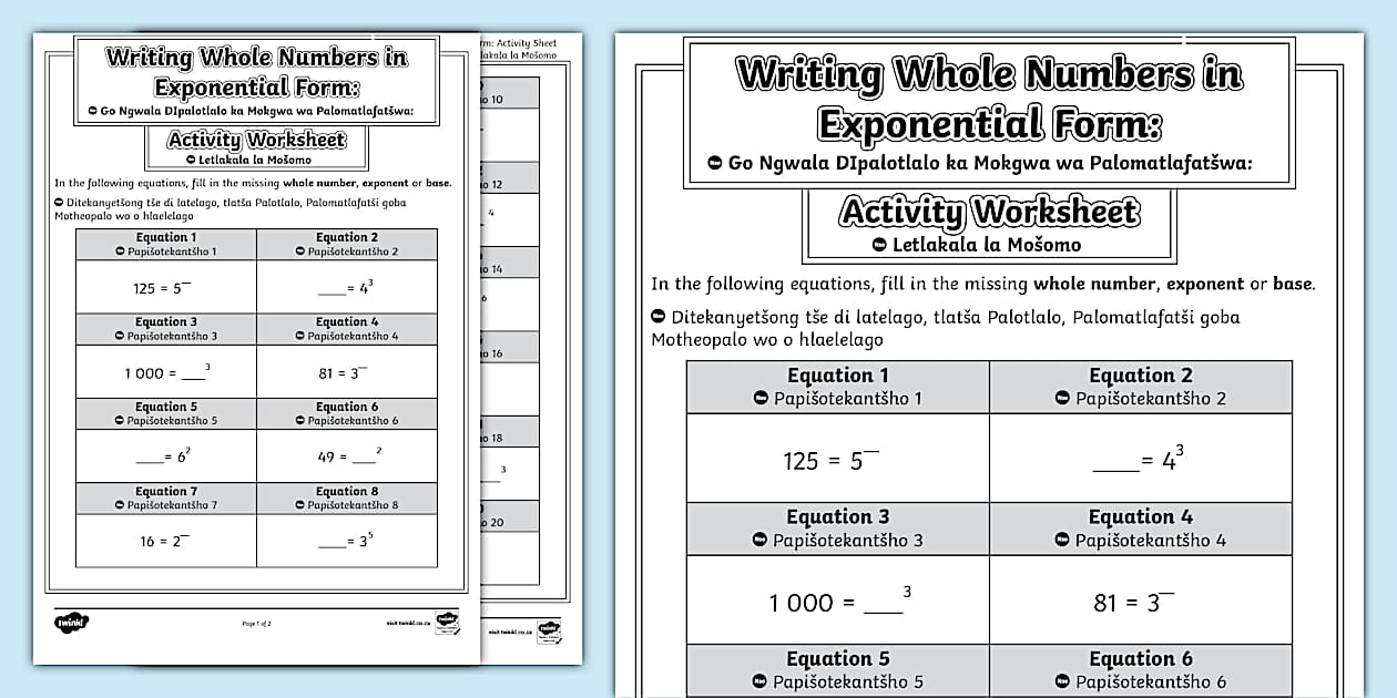 Writing Whole Numbers in Exponential Form: Activity worksheet- Sepedi