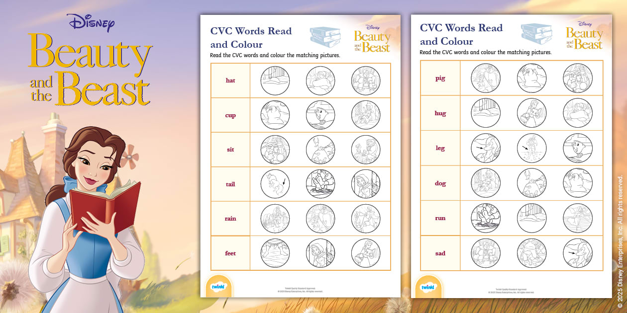 Beauty and the Beast: CVC Words Read and Colour Activity Sheet