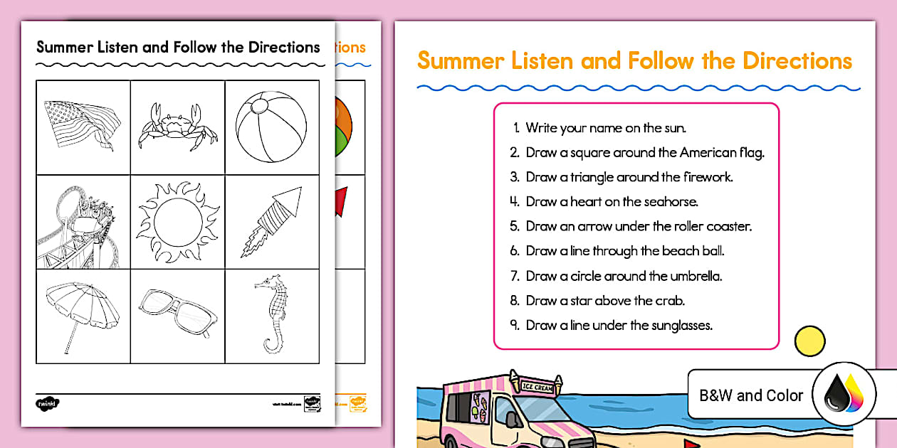 Summer Listen and Follow the Directions Worksheet - Twinkl