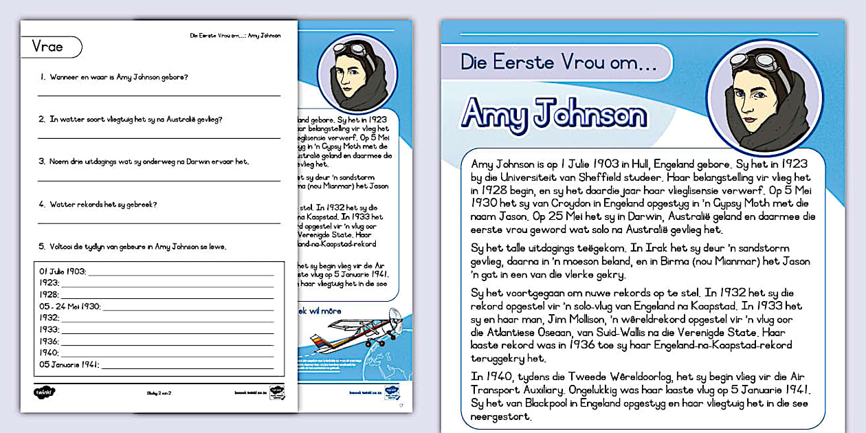 Die Eerste Vrou om... Amy Johnson Leesbegripkaart 4