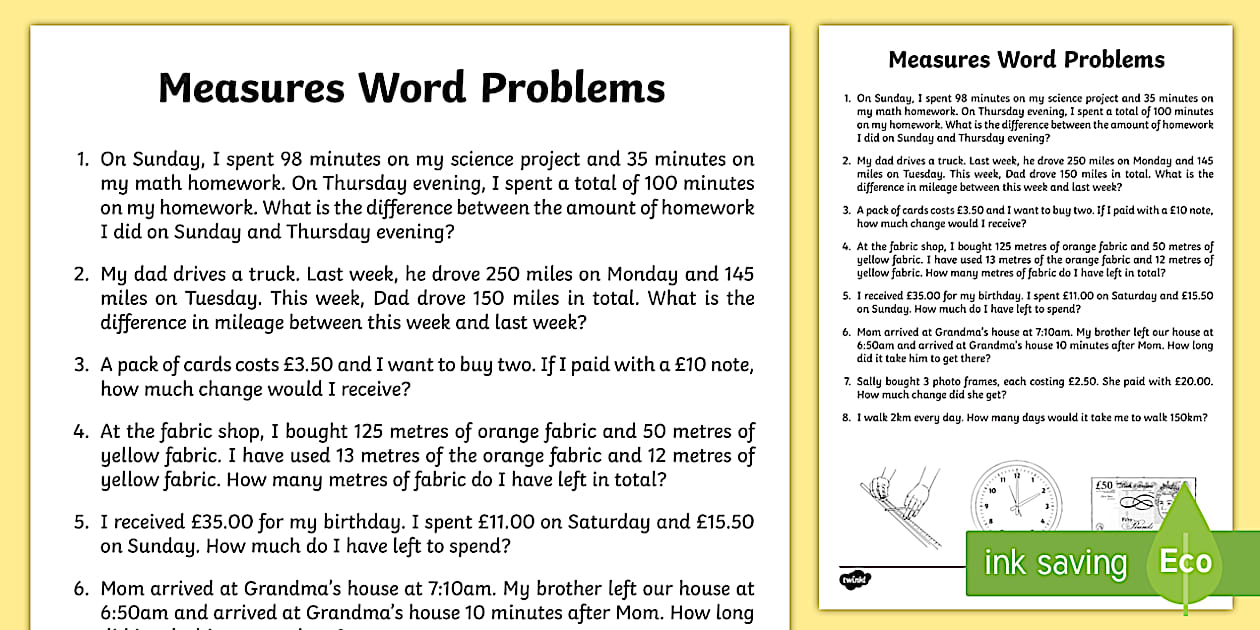 Measure Word Problems Worksheet / Worksheet - Twinkl