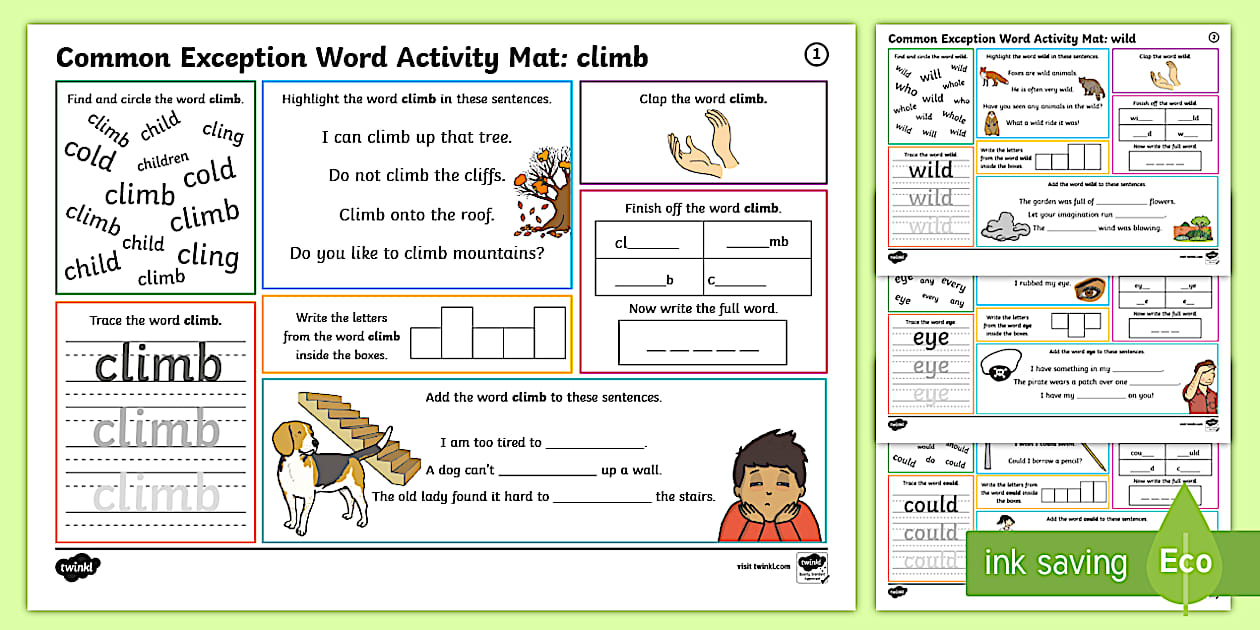 Cursive Year 2 Common Exception Word Activity Mat Pack 6