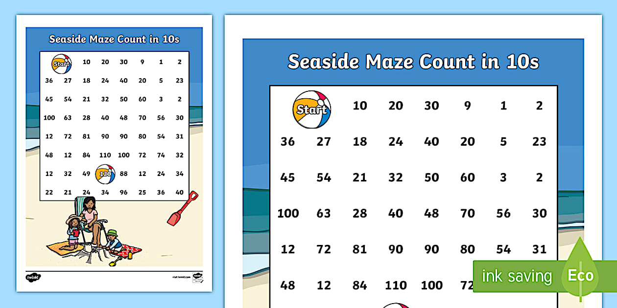Editable Seaside Themed Counting in 10s Maze - Twinkl