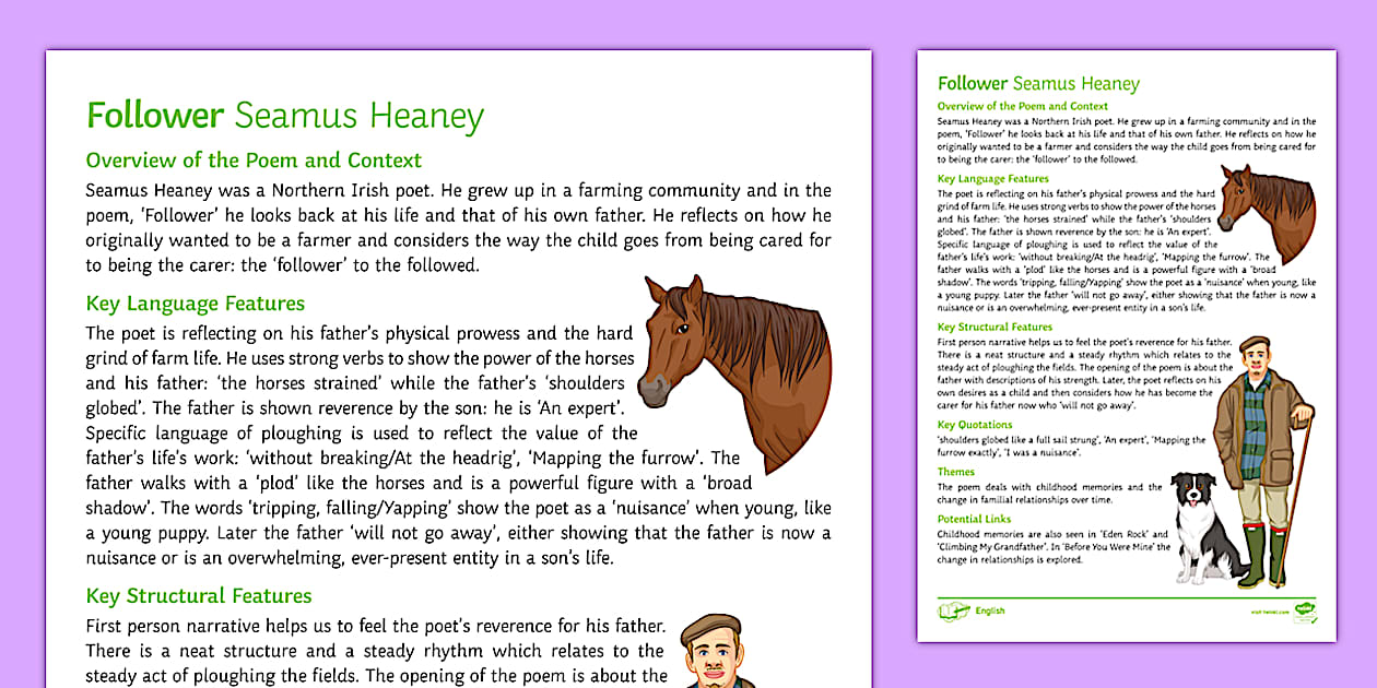 AQA Poetry: Follower - One Page Revision Summary - Twinkl