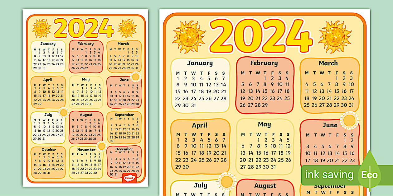 Sun-Themed 2024 Wall Calendar Poster (teacher made) - Twinkl