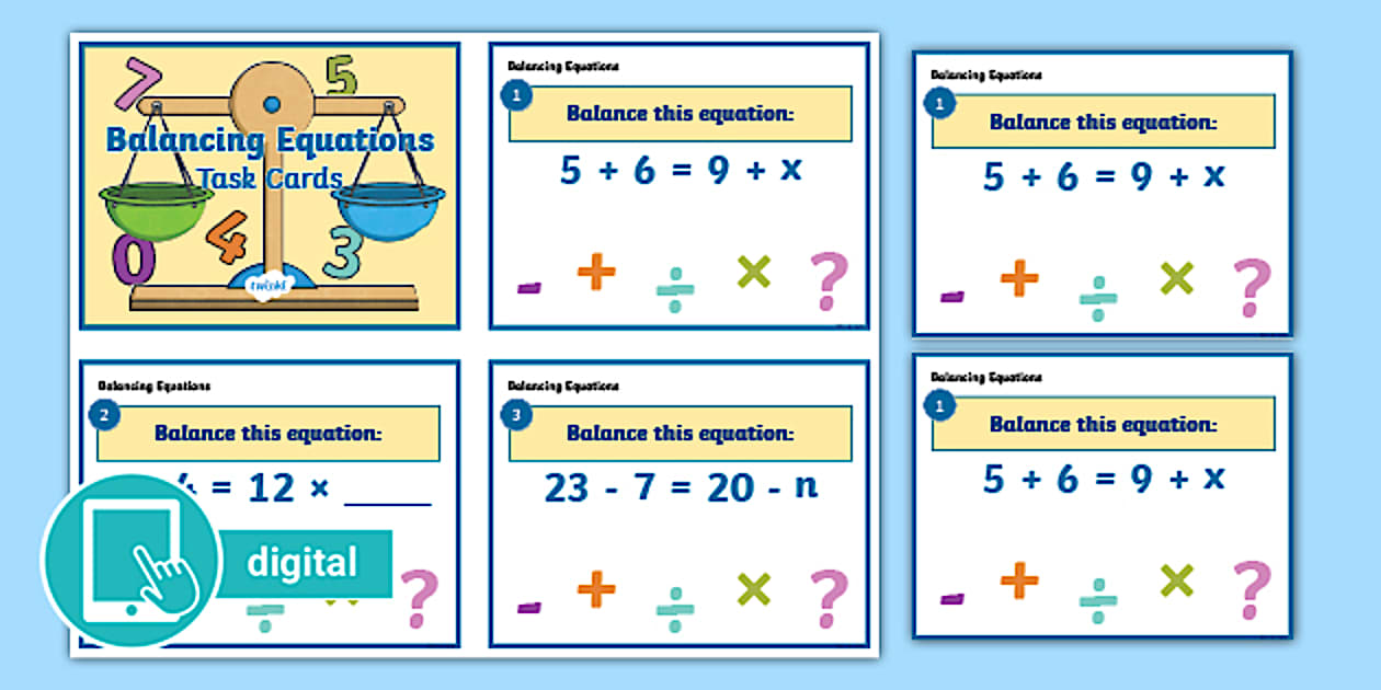 Balancing Equations Task Cards | 3-5 Algebra Math Resources
