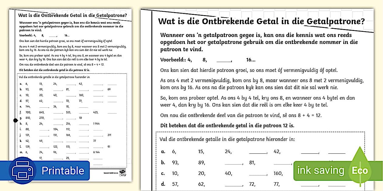 Wat is die Ontbrekende Getal in die Getalpatrone? - Twinkl