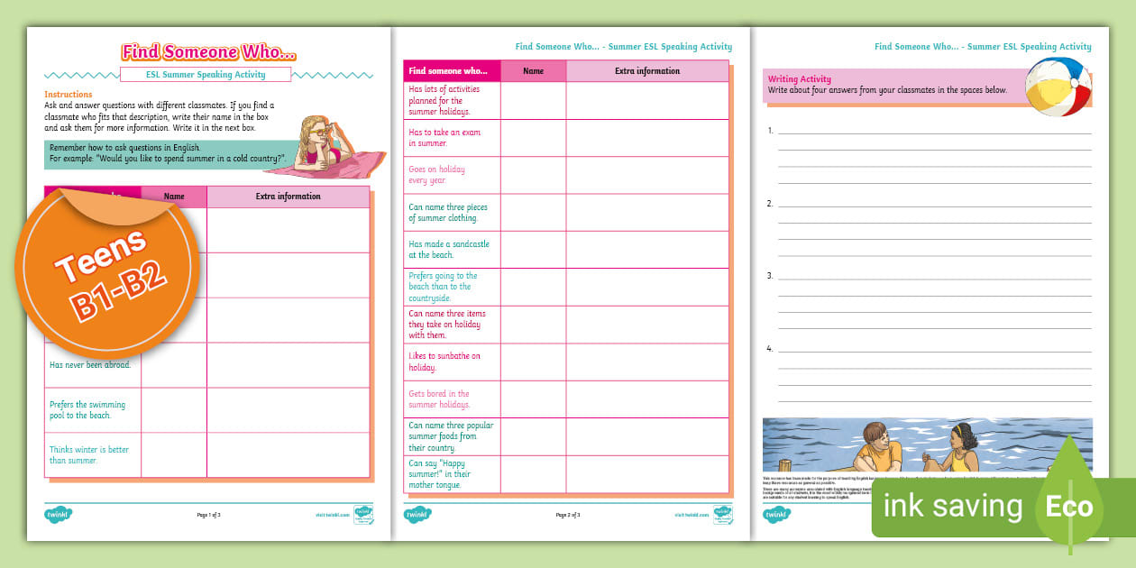 ESL Summer 'Find Someone Who' Speaking Worksheet [Teens, B1-B2]