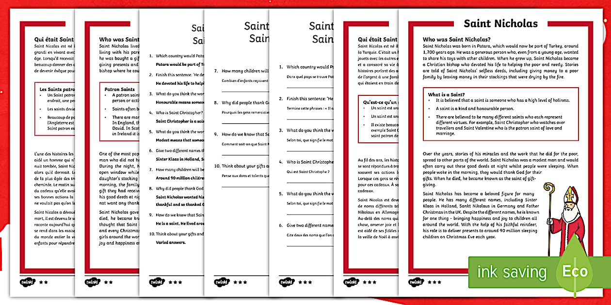 Saint Nicholas Differentiated Reading Comprehension Activity English/French