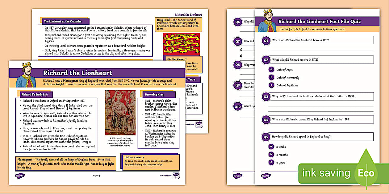Richard the Lionheart Fact File and Quiz (teacher made)