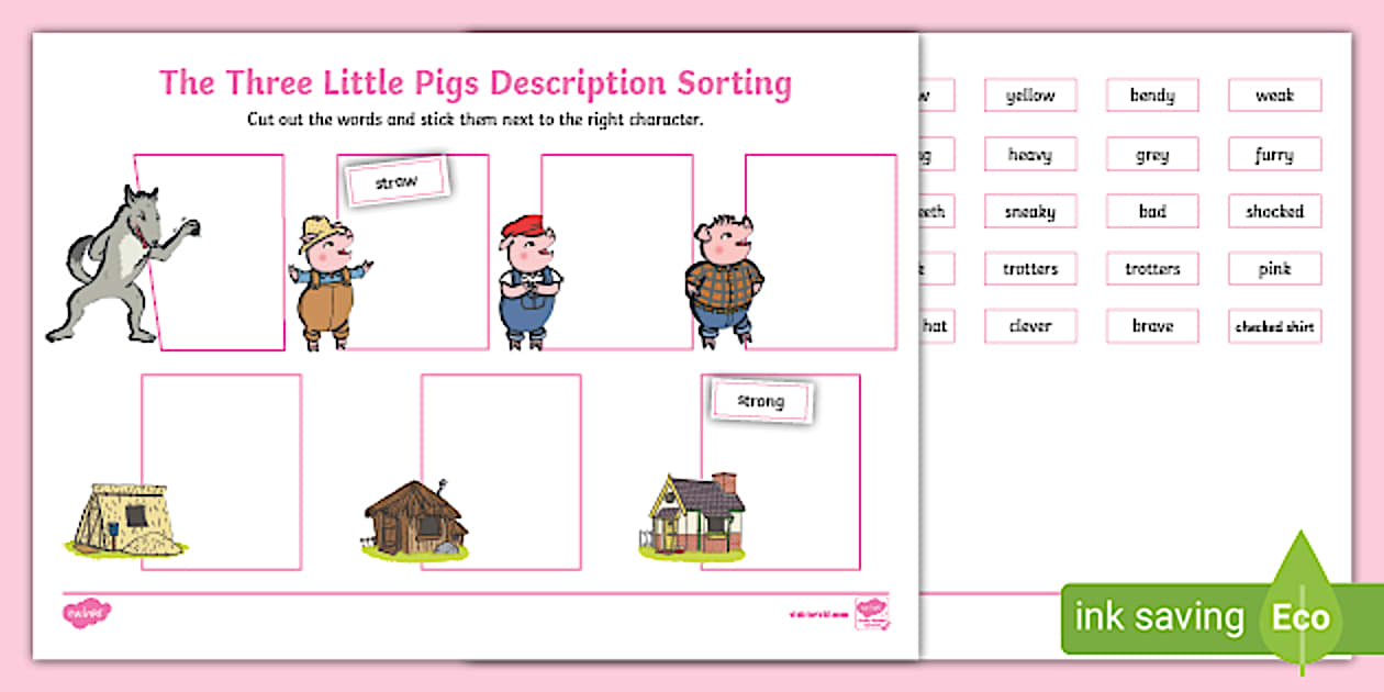 Editable The Three Little Pigs Character Description Sorting Activity