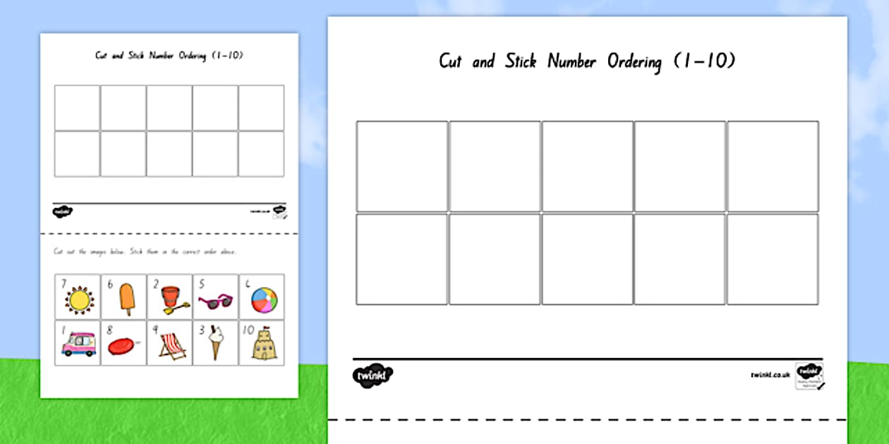 Summer Themed Cut and Stick Number Ordering Sheets 1-10