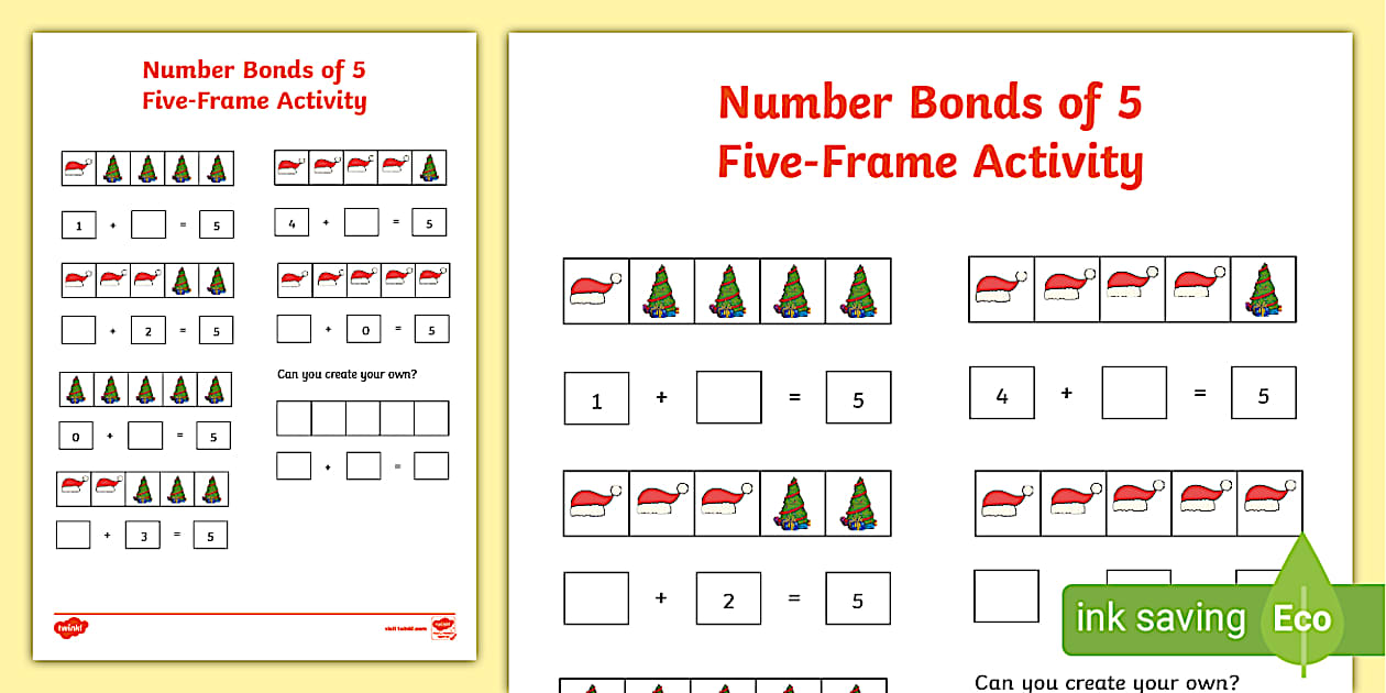Number Bonds to 5 Christmas Ten-Frame Activity - Twinkl