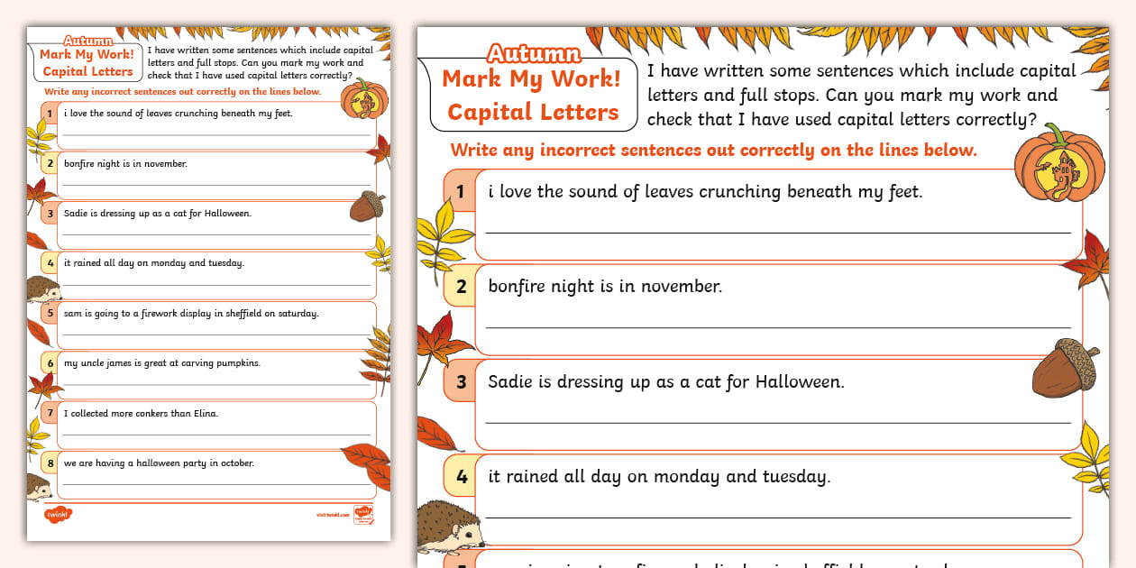 Autumn-Themed Mark My Work! Capital Letters - KS1 - Twinkl