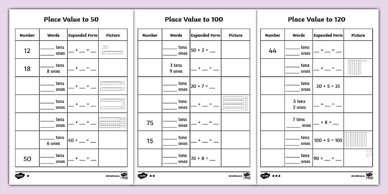 Place Value Worksheets to 120