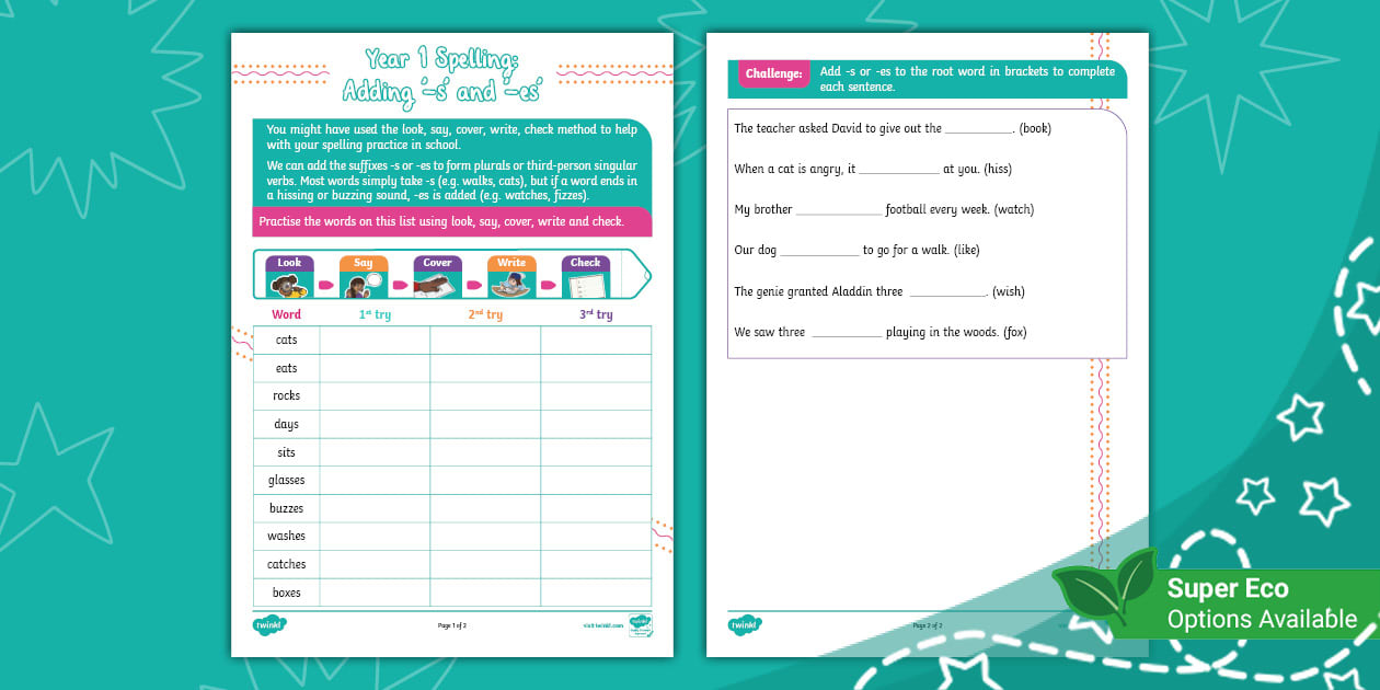 Year 1 Spelling Practice Adding Suffixes '-s' and '-es' Worksheet