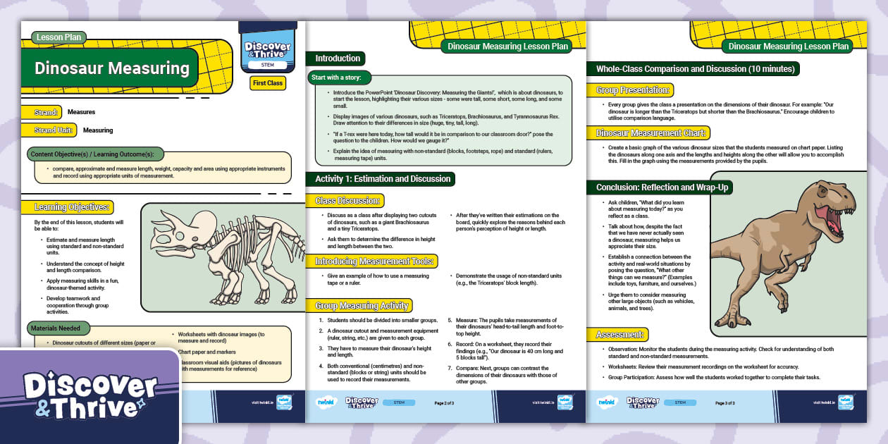 Dinosaur Measuring Lesson Plan/ First Class (teacher made)