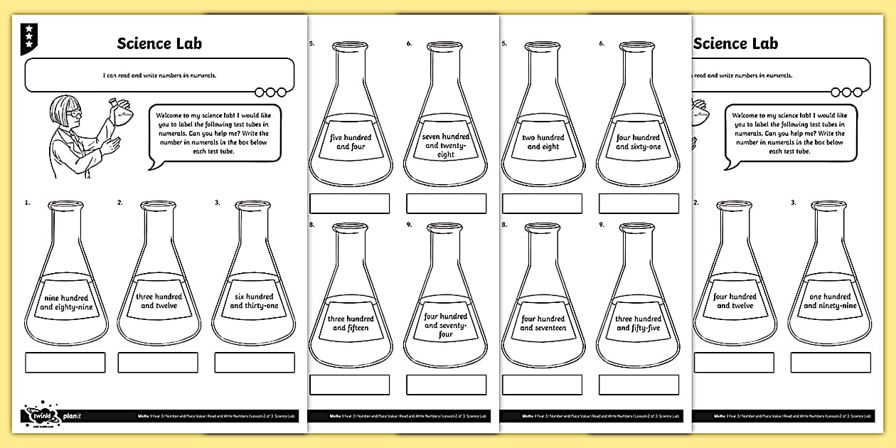 Science Themed Reading and Writing Numbers Differentiated Worksheet