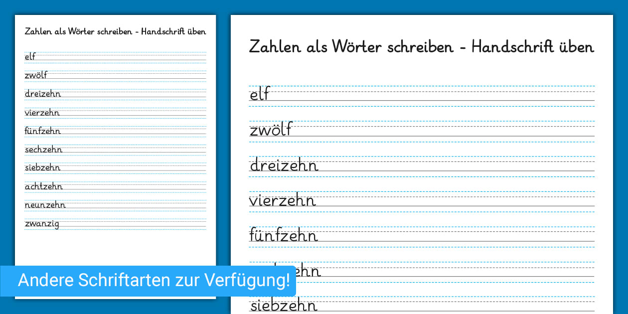 Zahlen als Wörter (11-20) - Handschrift üben - Arbeitsblatt