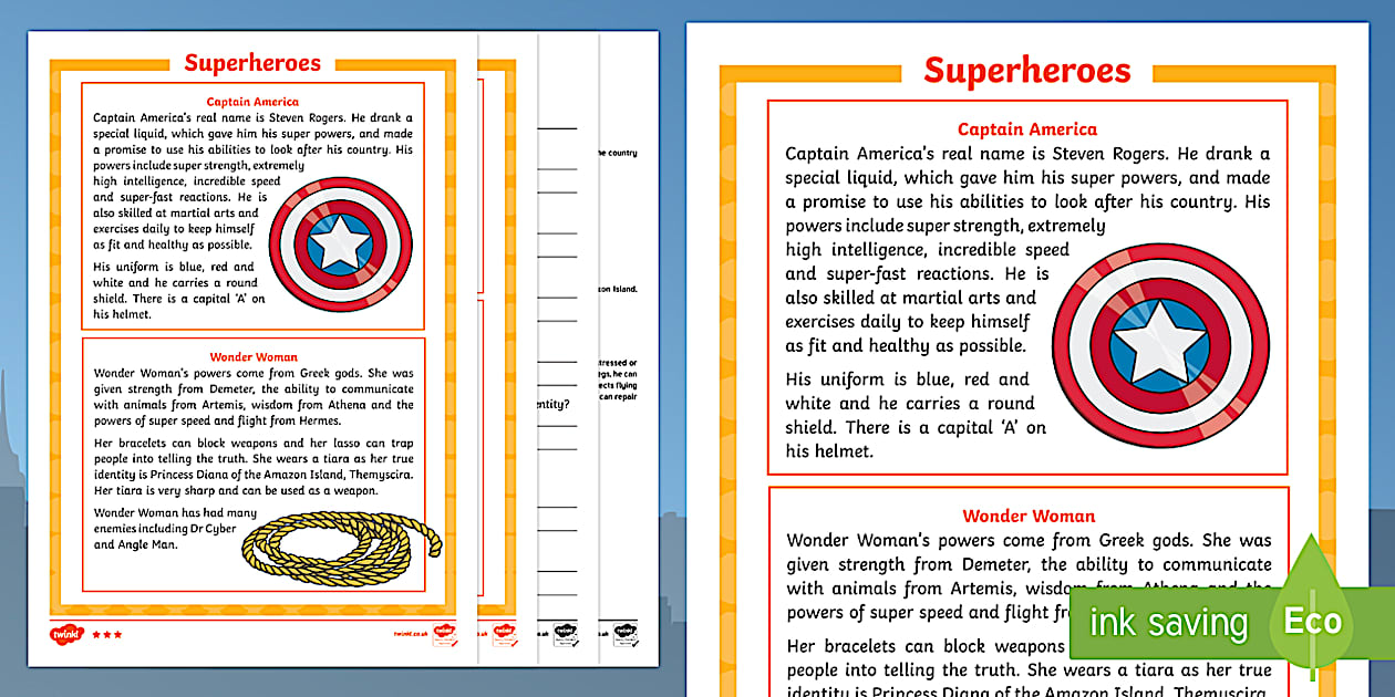 Superheroes Comprehension KS1 Reading Activity, teacher-made