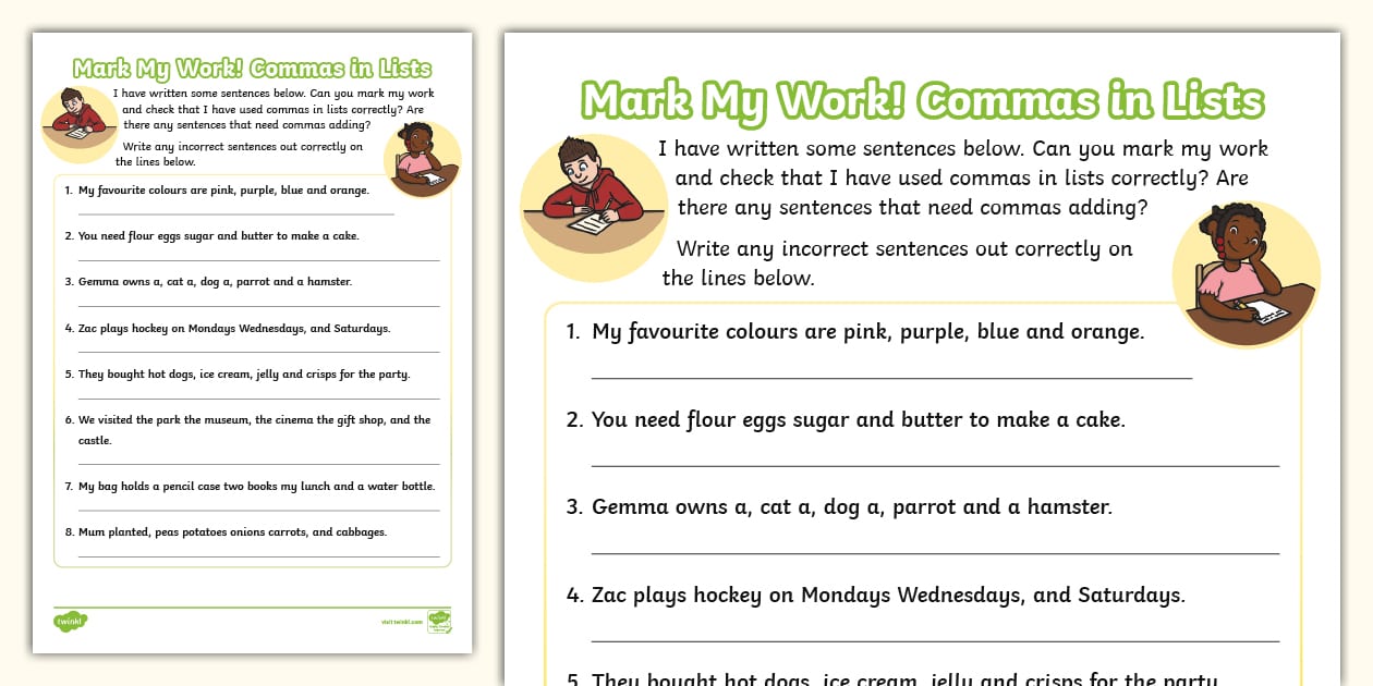 Mark My Work! Commas in Lists - KS1 (teacher made) - Twinkl