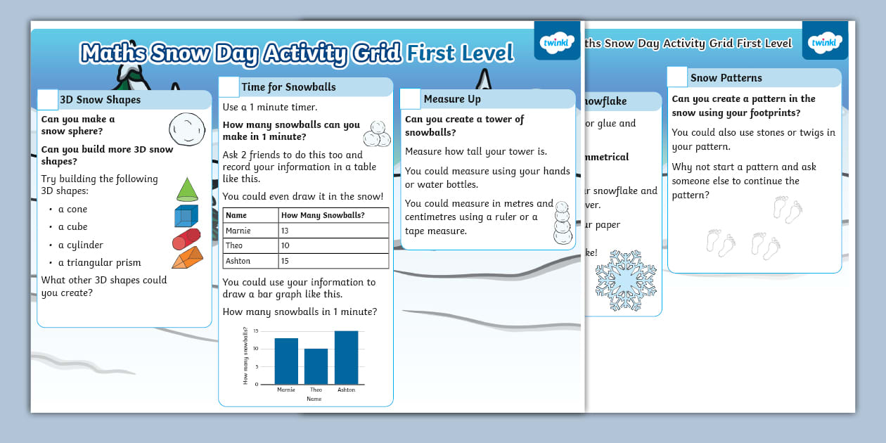 Maths Snow Day Activity Grid - First Level - Twinkl