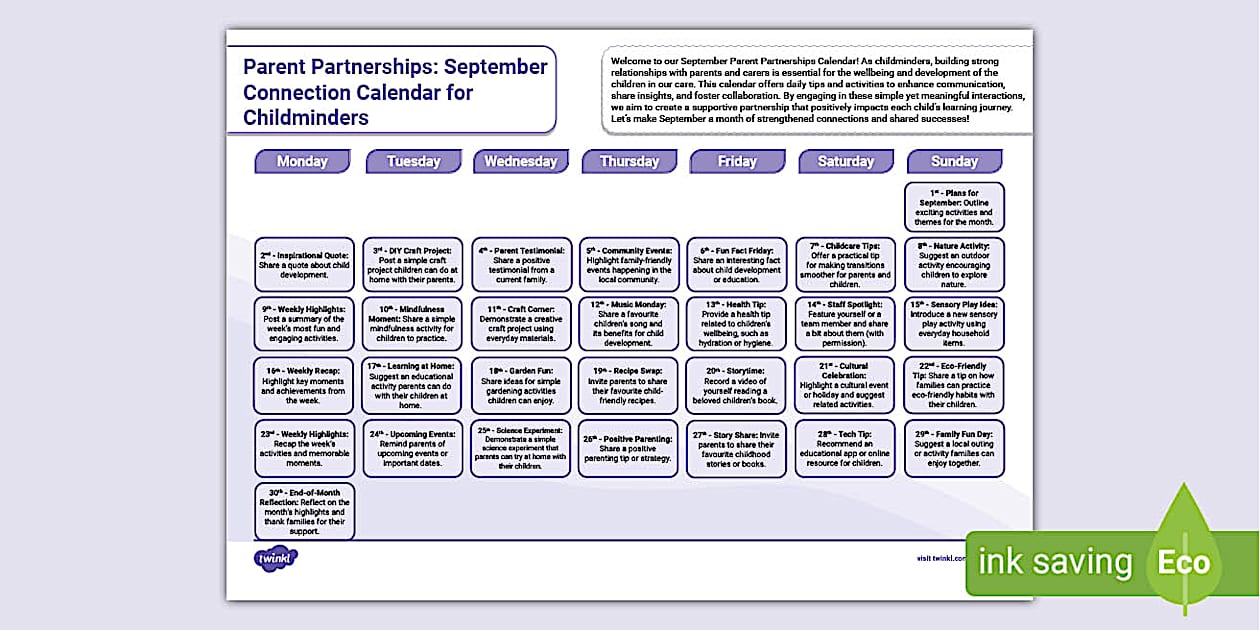 Parent Partnerships: September Connection Calendar for Childminders