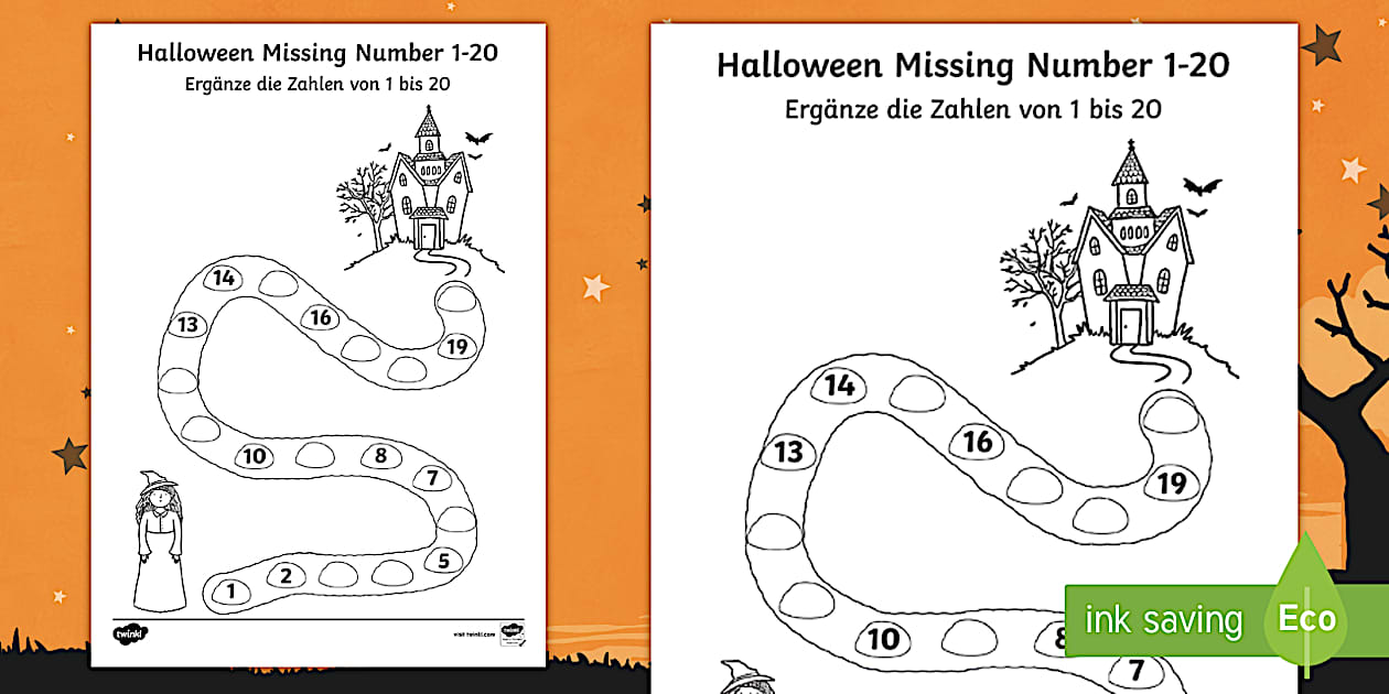 Halloween Missing Numbers to 20 English/German Worksheet