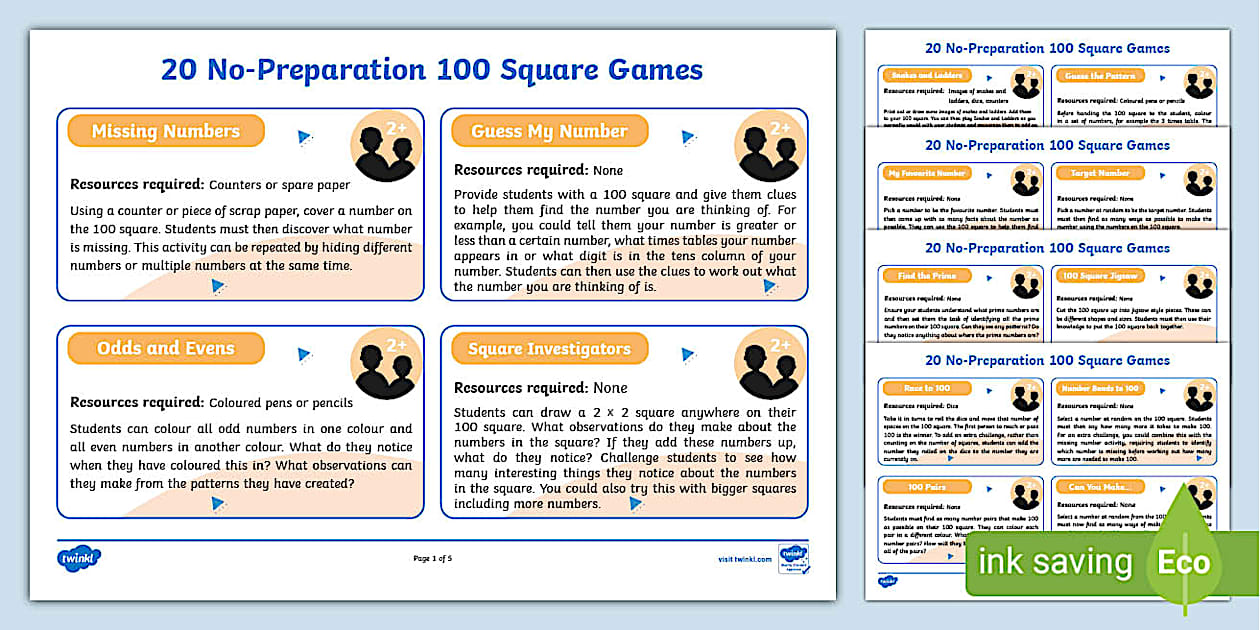 👉 20 No Preparation 100 Square Games | Twinkl - Twinkl