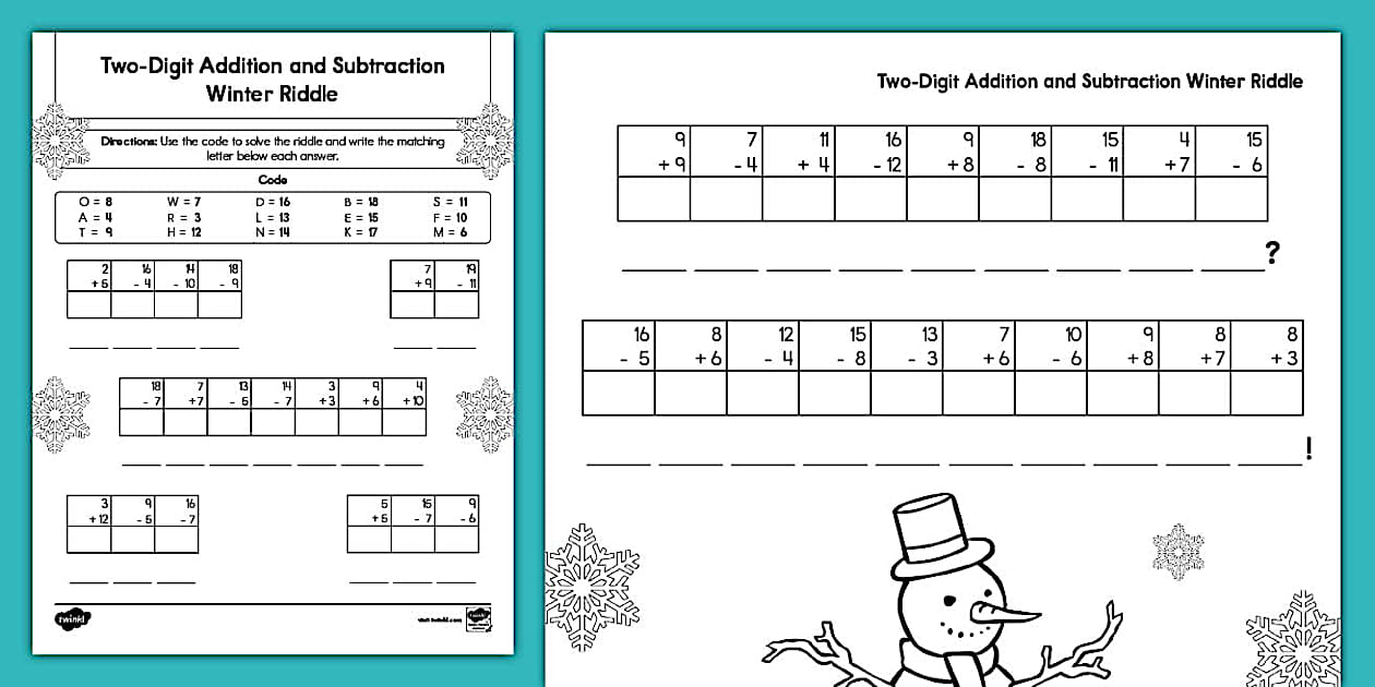 Two-Digit Addition and Subtraction Winter Riddle - Twinkl