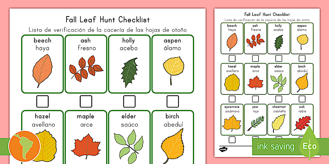 Fall Leaf Hunt Checklist US English/Spanish (Latin) - Twinkl