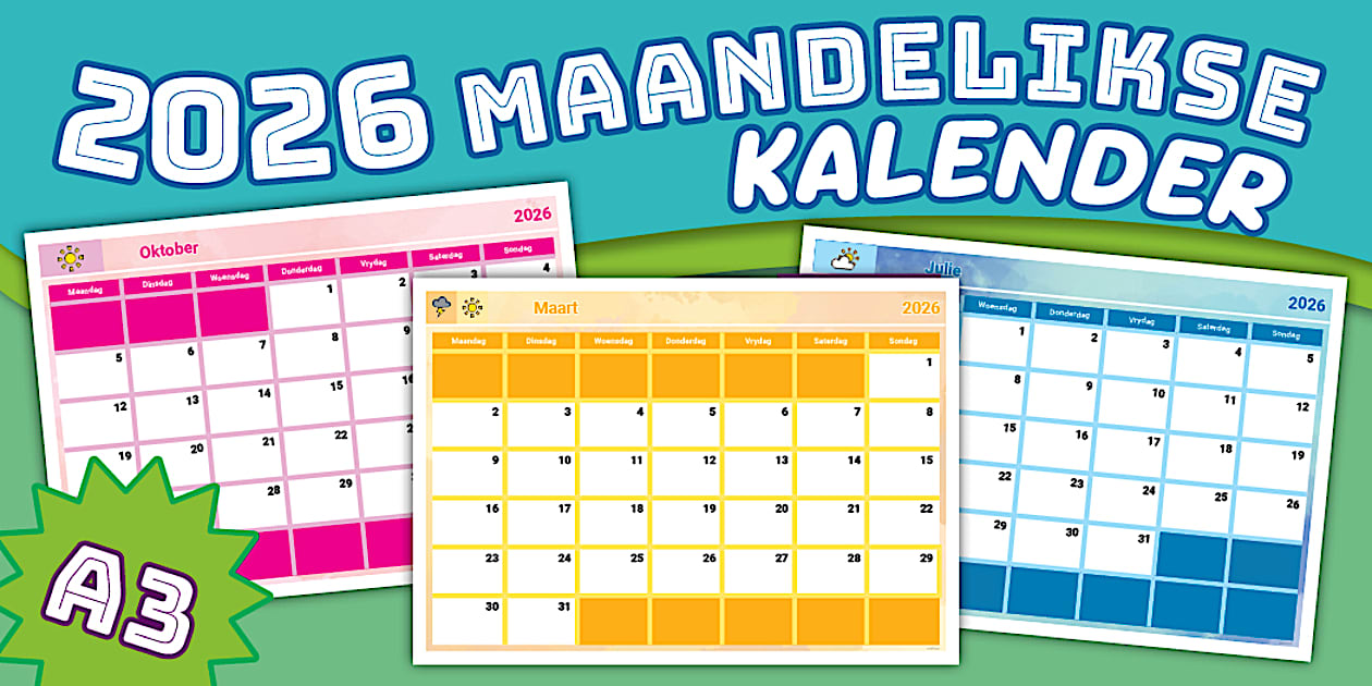 2026 Maandelikse Kalender Suid-Afrika