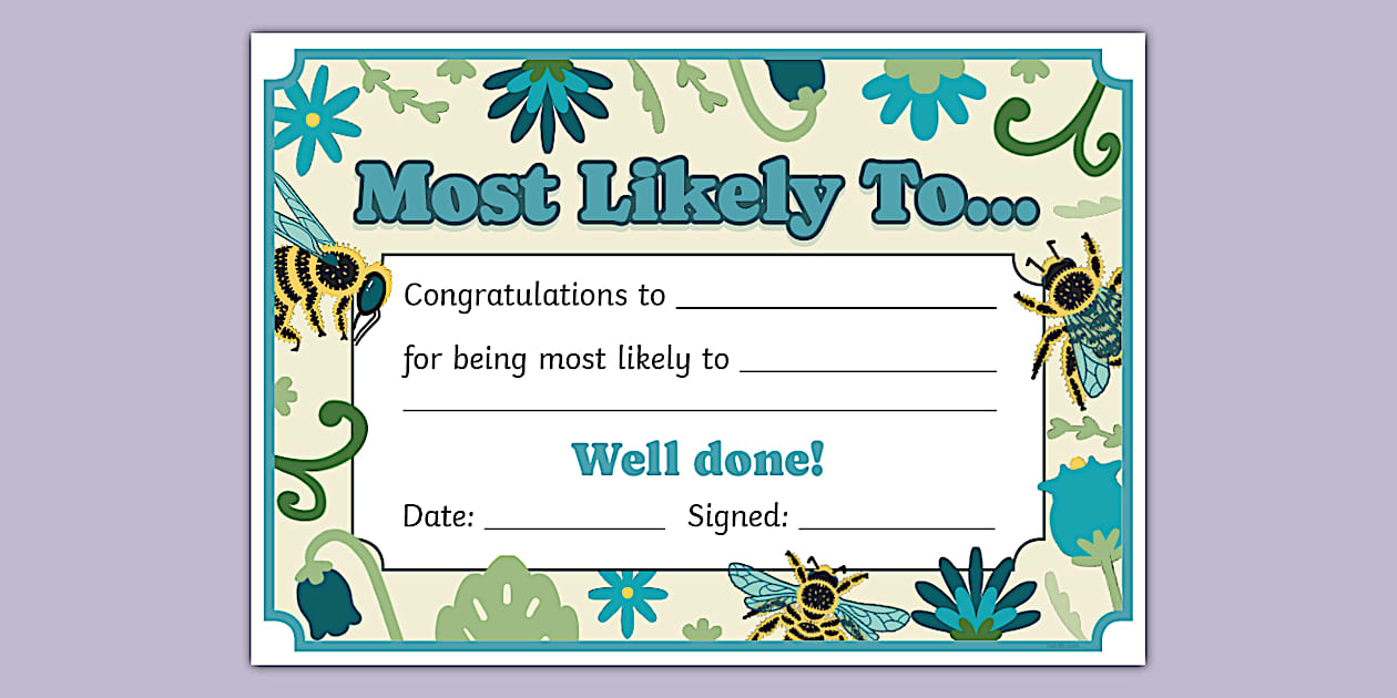 Bee-Themed Most Likely To...Certificate - Twinkl