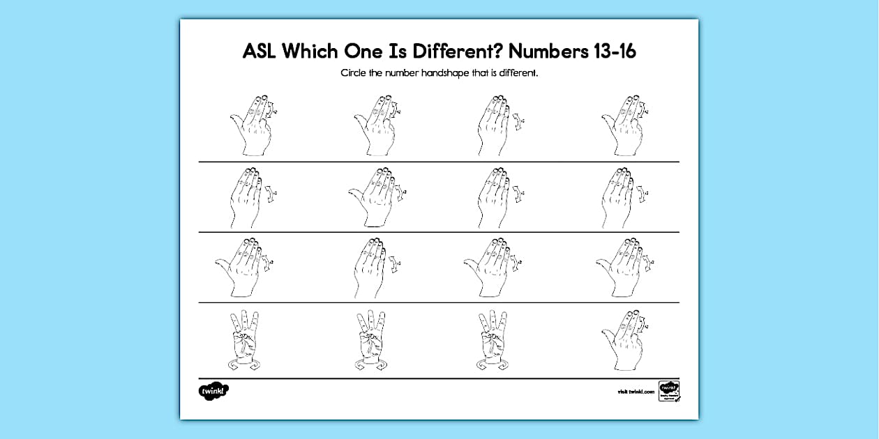 ASL Which One Is Different? Numbers 13-16 Worksheet - Twinkl