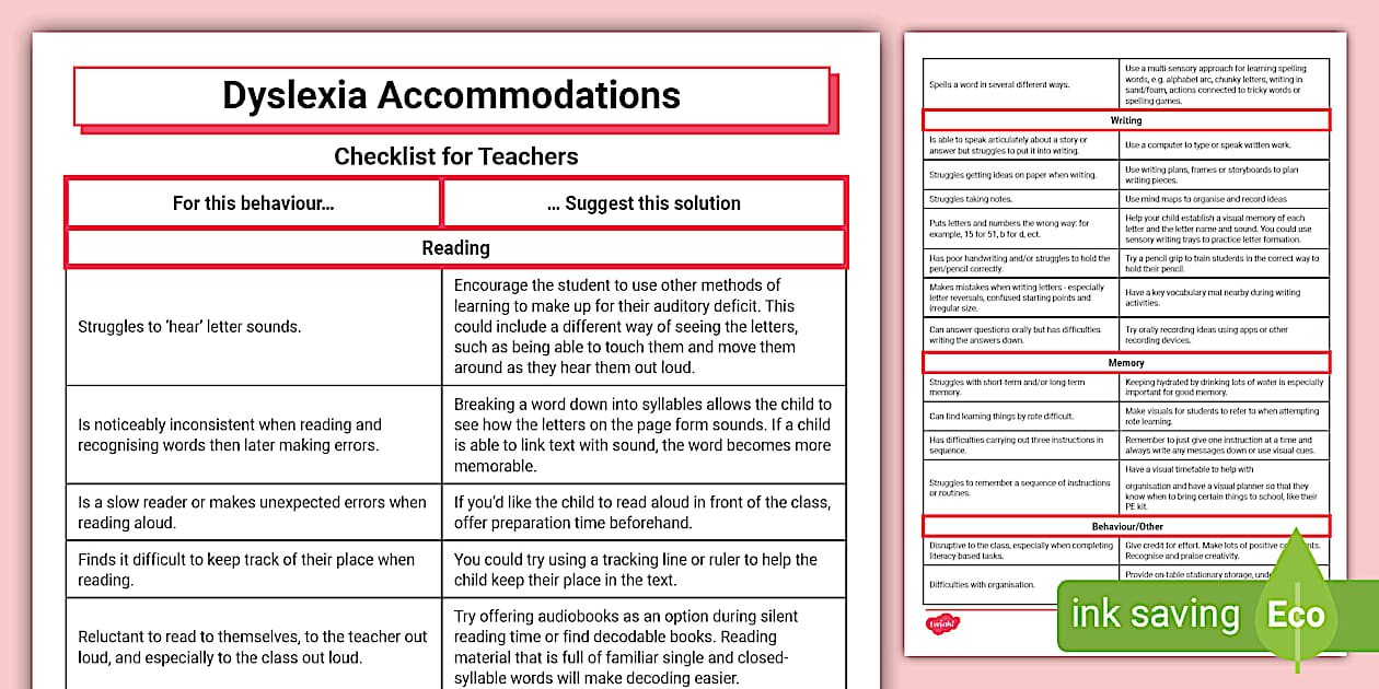 Dyslexia Accommodations Checklist for Teachers - Twinkl