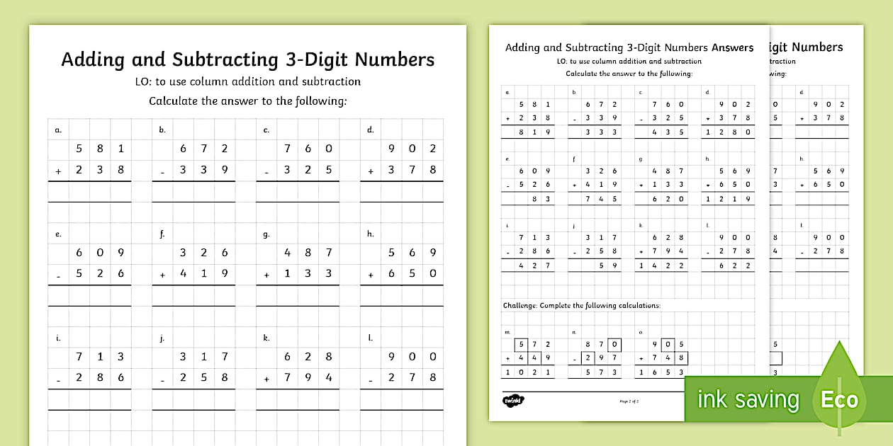 Editable Adding and Subtracting 3 Digit Numbers in a Column Mixed Worksheet