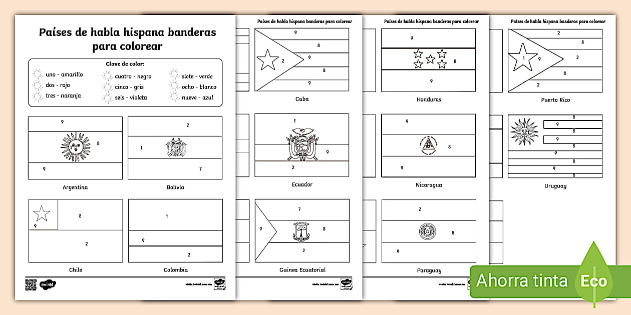 Países de habla hispana banderas para colorear - Twinkl