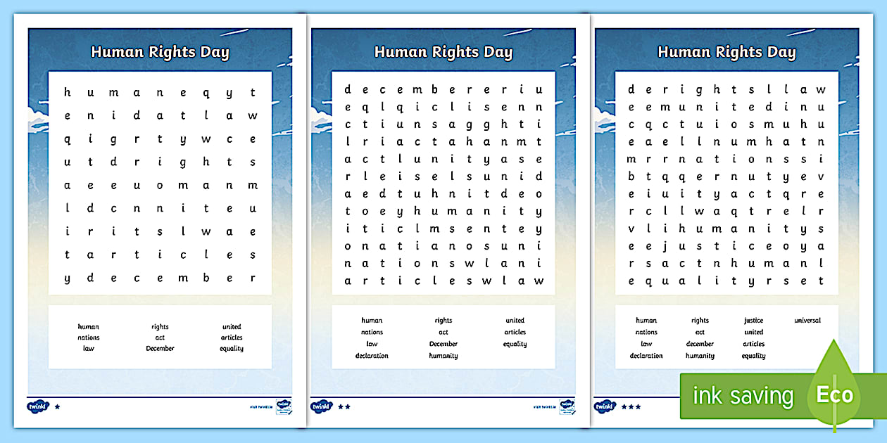 Human Rights Day Differentiated Word Search (teacher made)