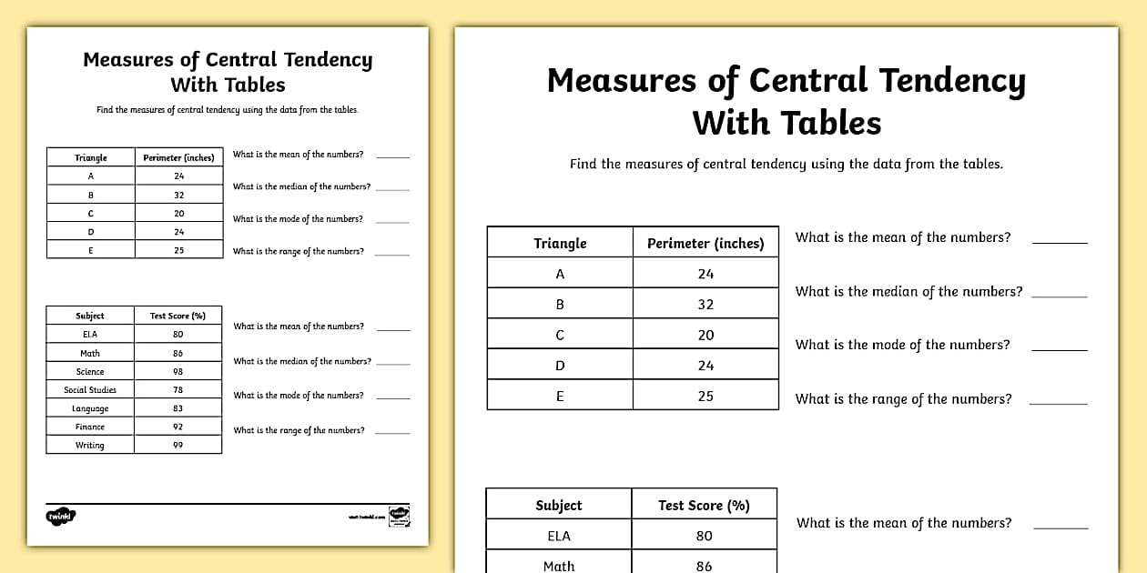 Finding Measures of Central Tendency With Tables Activity Worksheet