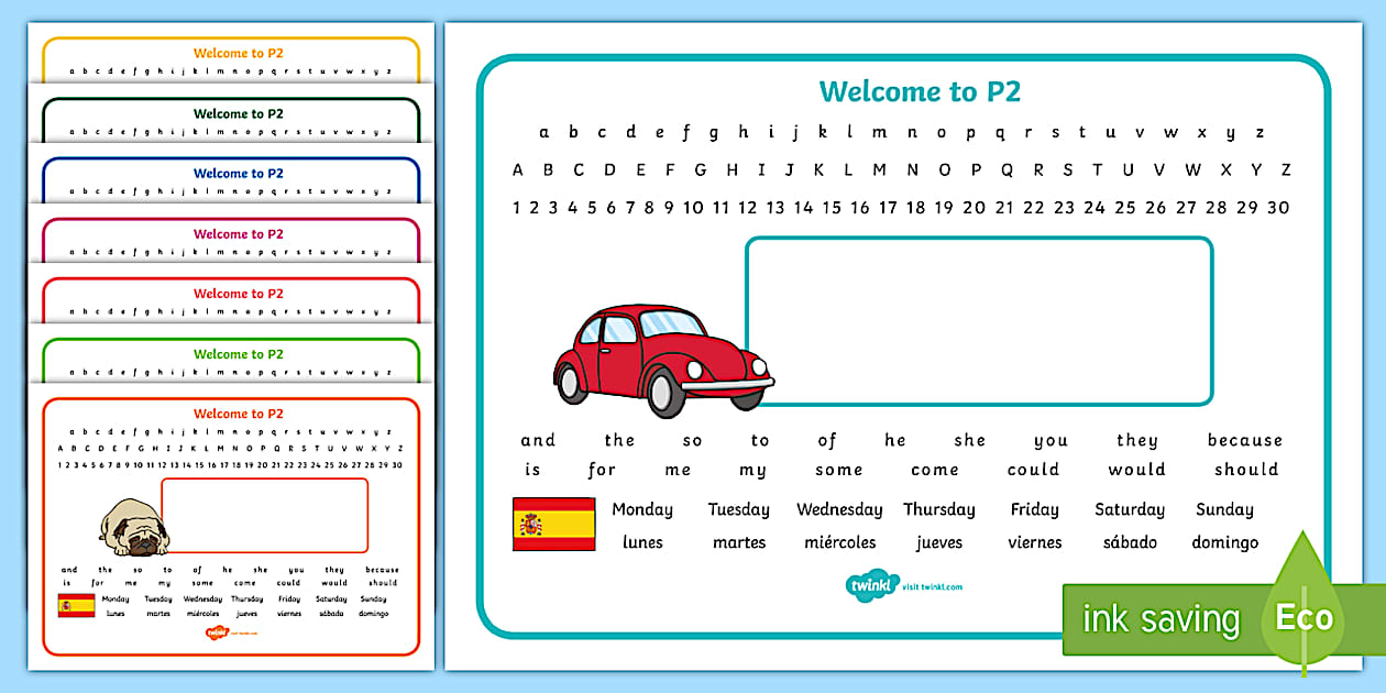 Welcome to P2 (with Spanish) Desk Mat (teacher made)