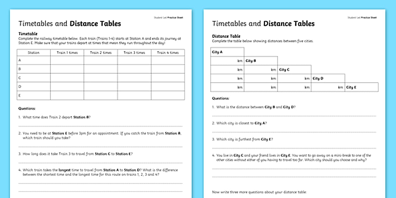 Timetables & Distance Tables Worksheet: Student-Led | Beyond
