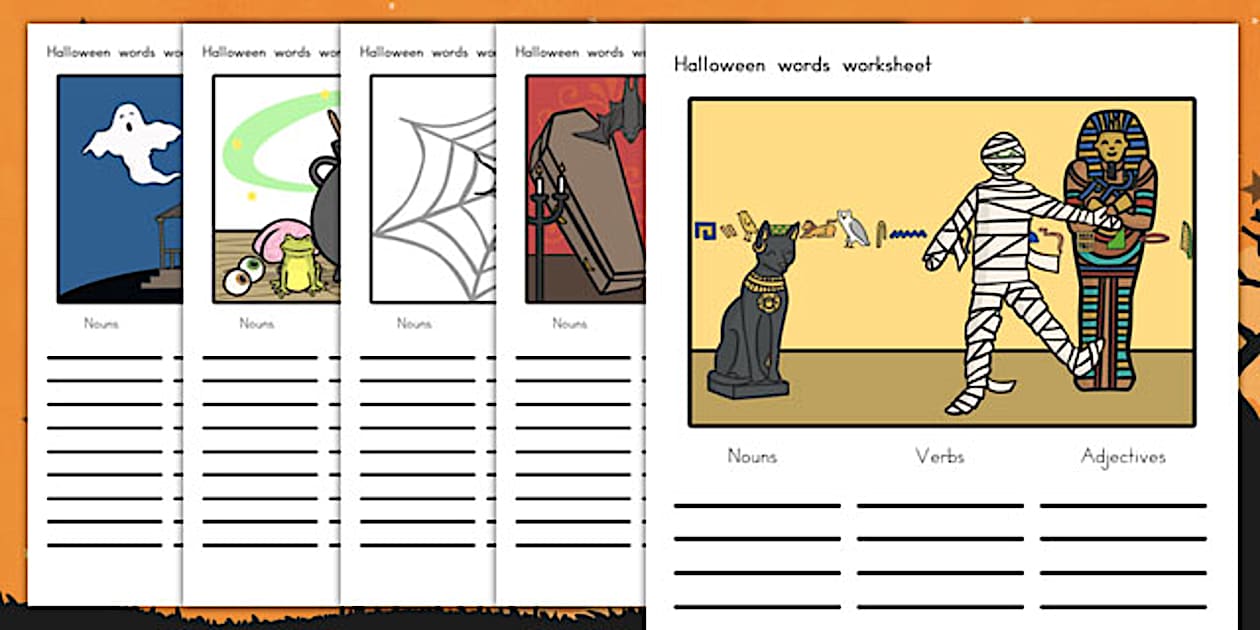 Halloween Verb Adjective Noun Picture Worksheets - Twinkl