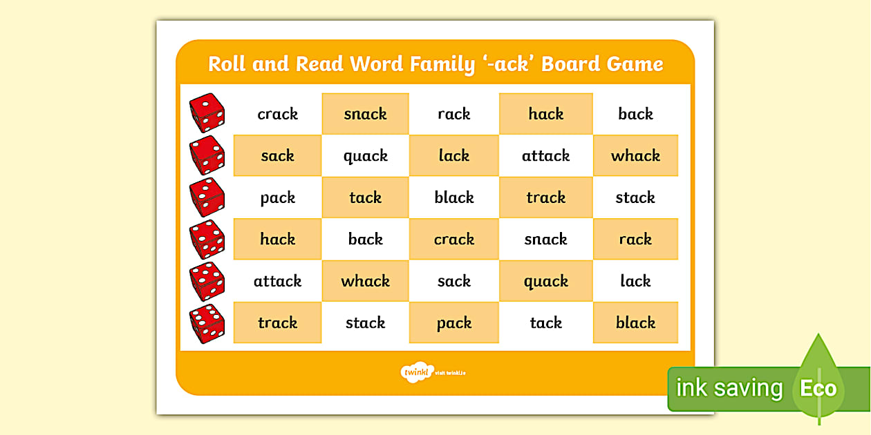 Read and Roll Word Family '-ack' Board Game