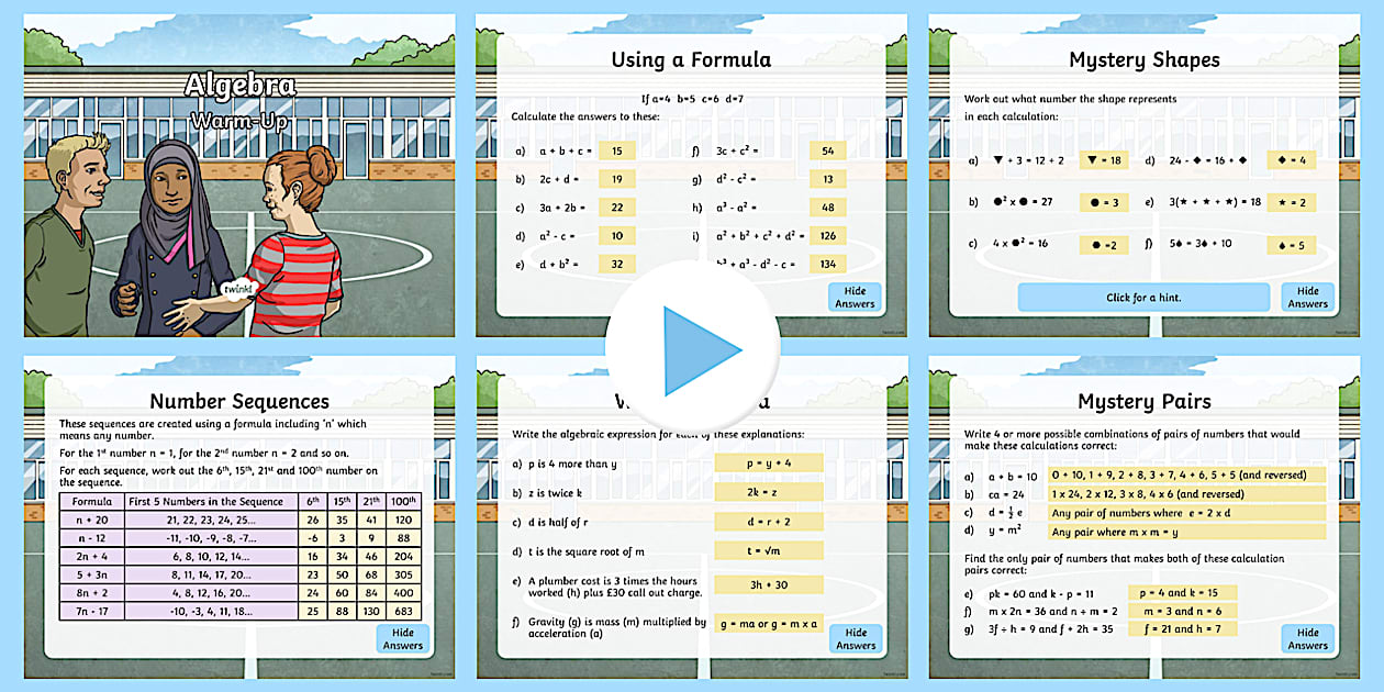 Year 6 Algebra PowerPoint Warm-up Activity (teacher made)